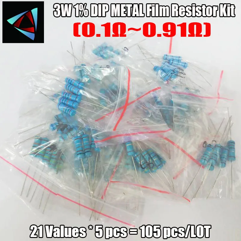 0.1R 0.91 ohm 3W 1% DIP METAL film resistor,21valuesX5pcs=105pcs ...