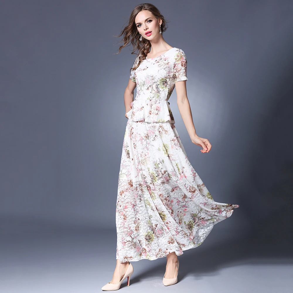 Casual Women Lace Suits Floral Printed 2 Piece Sets Female Short Sleeve