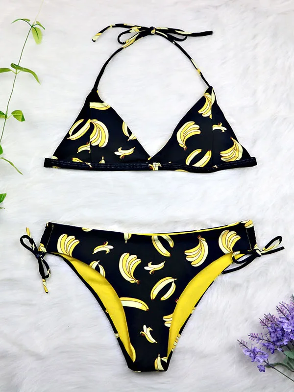2018 Sexy Halter Spaghetti Strap Banana Print Bikini Set Women Bandage ...