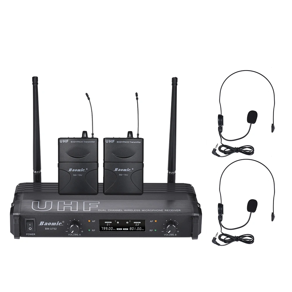 UHF Dual Channels Wireless Microphone Mic System with 2 Bodypack ...