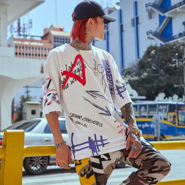 FREE SHIPPING Hip Hop Graffiti Print T-shirts Men Streetwear Painted ...