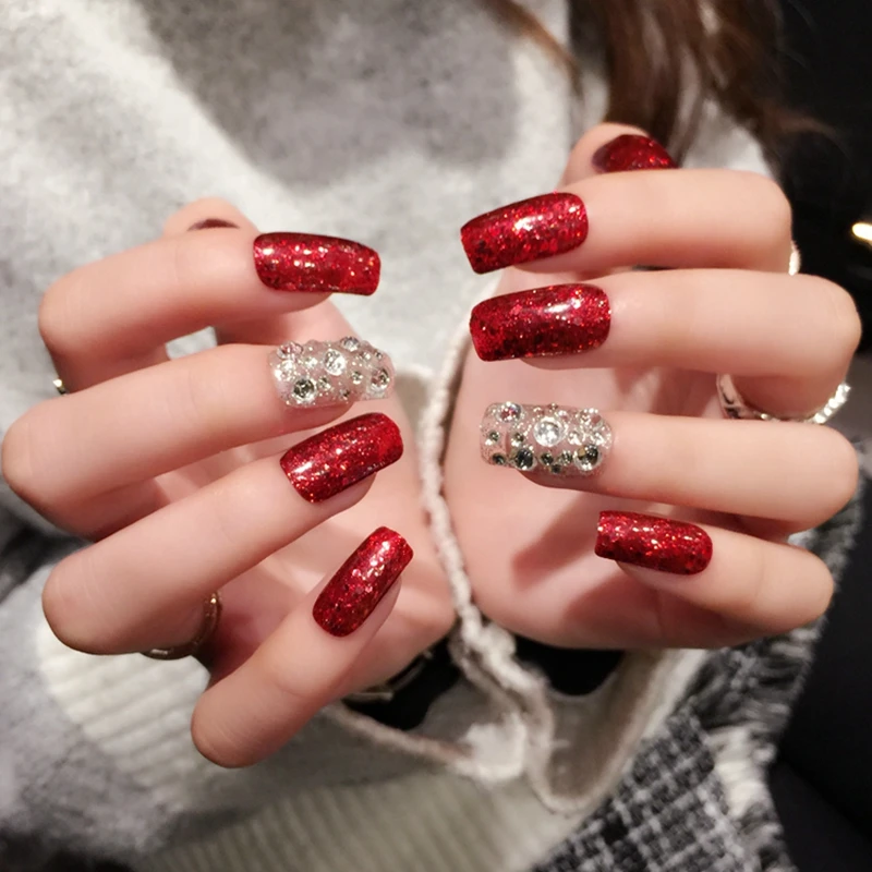 Gorgeous Long Press On Nails Red Glitter Nails Design Crystal Clear ... Gorgeous Long Press On Nails Red Glitter Nails Design Crystal Clear ...