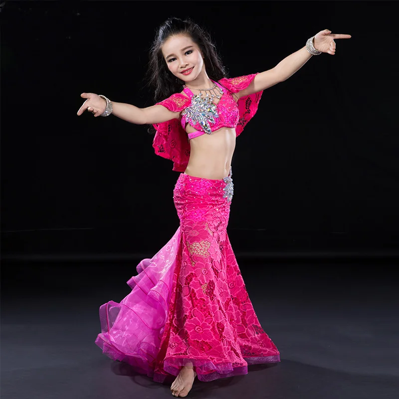 Fashion Cute Lace Short Sleeve Sexy Belly Dance Top Skirt 2pcs Set For