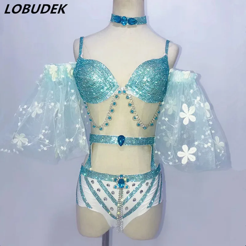 Sexy Female Nightclub Dj Singer Dance Wear Lake Blue Rhinestones Bikini