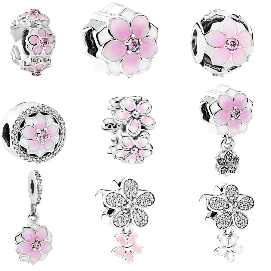 free shipping 1pc european spring light pink Magnolia flower Bead ...