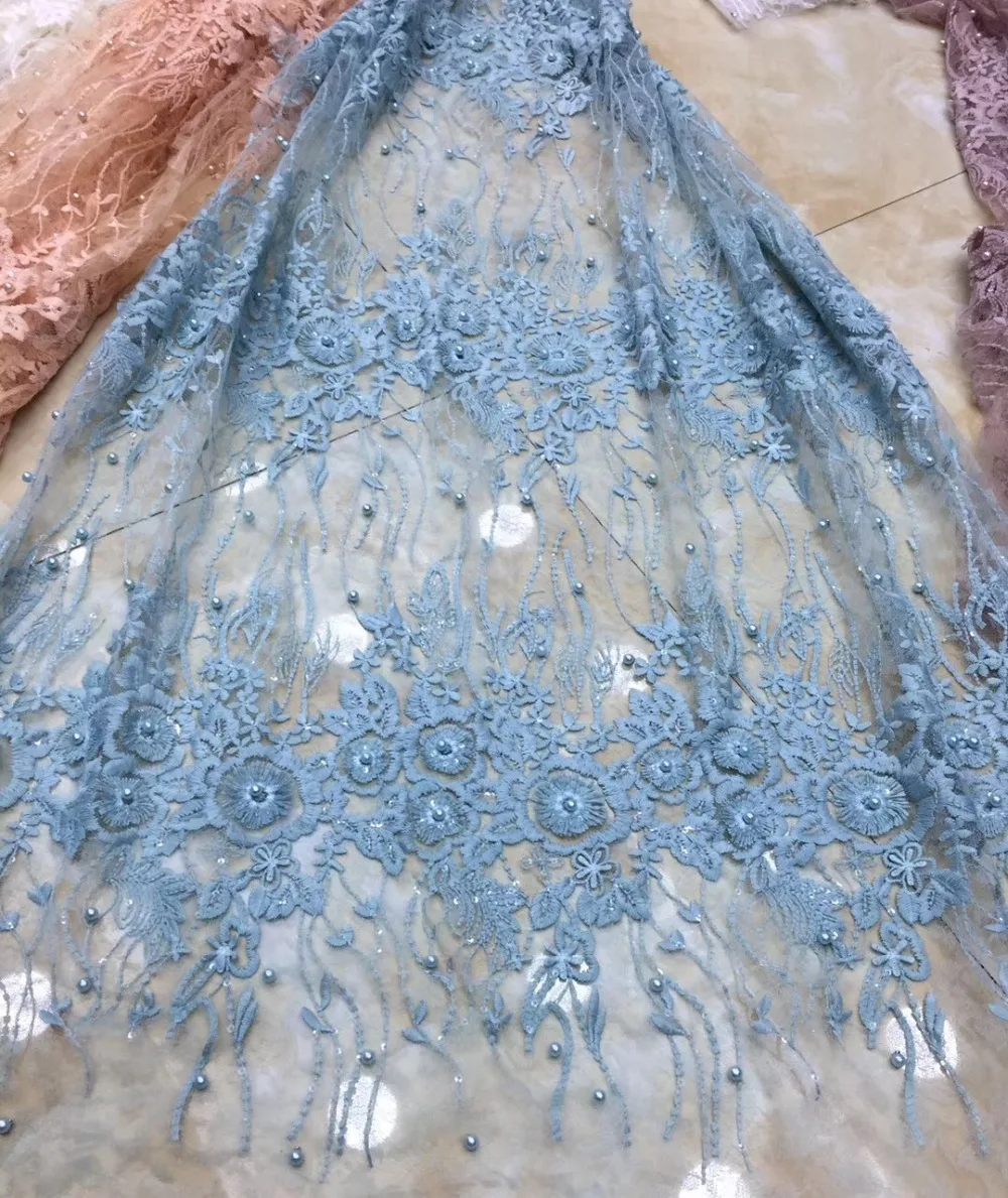 Sky Blue Sequins French Nigerian Laces Fabrics High Quality Tulle ...