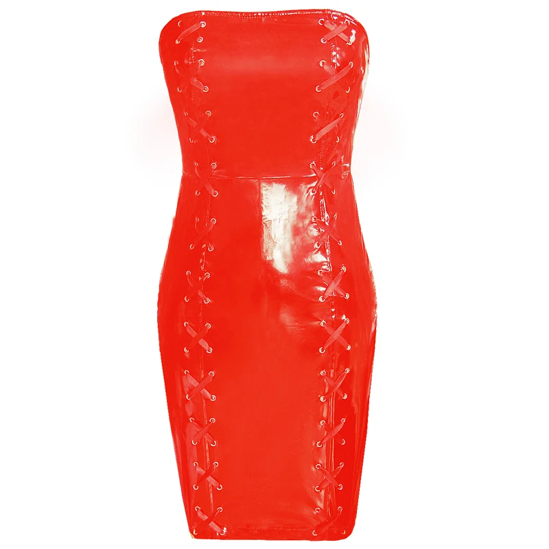 Red & Black Shiny PVC Sexy Strapless Tube Dress Lace up Backless Zip ...
