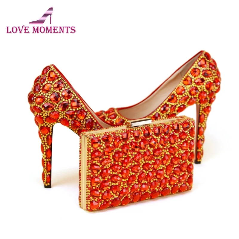 Red and Gold Mix Stone Wedding Shoes with Matching Purse Handmade High ...