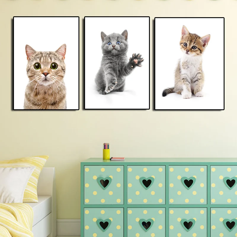3 Panel Cute Cats Wall Pictures Lovely Kitten Canvas Art Print Poster ...
