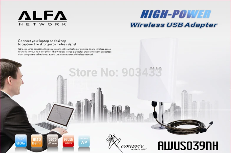 ALFA WiFi USB Adapter 98dbi high gain waterproof SIGNAL Grabber