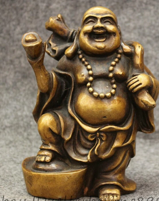 Chinese Bronze Wealth YuanBao Happy Laughing Maitreya Buddha Statue ...