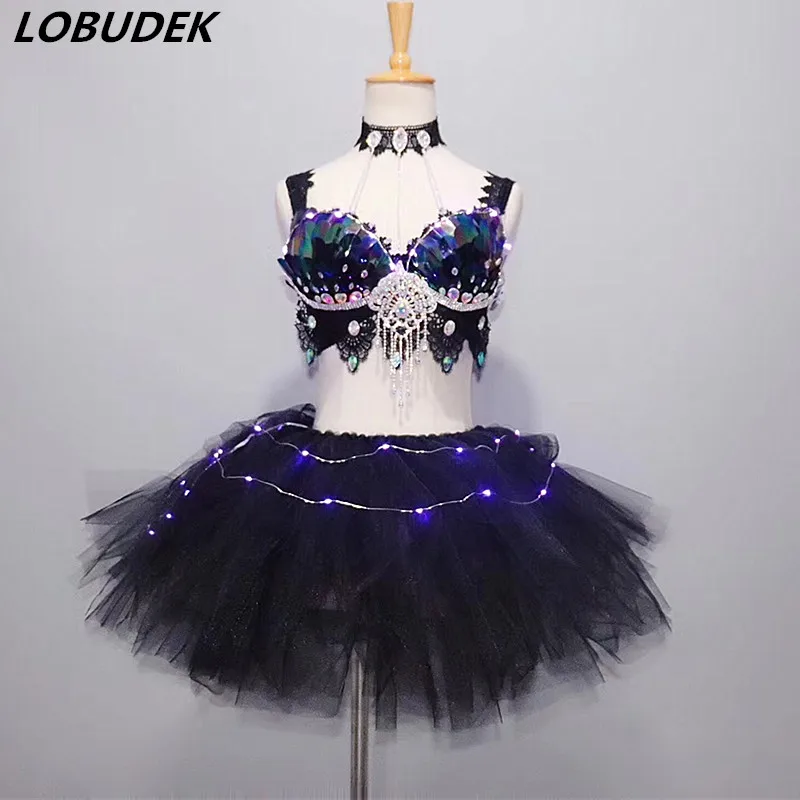 Fashion Bling Rhinestones Sequins Bikini Led Tutu Skirt Set Women