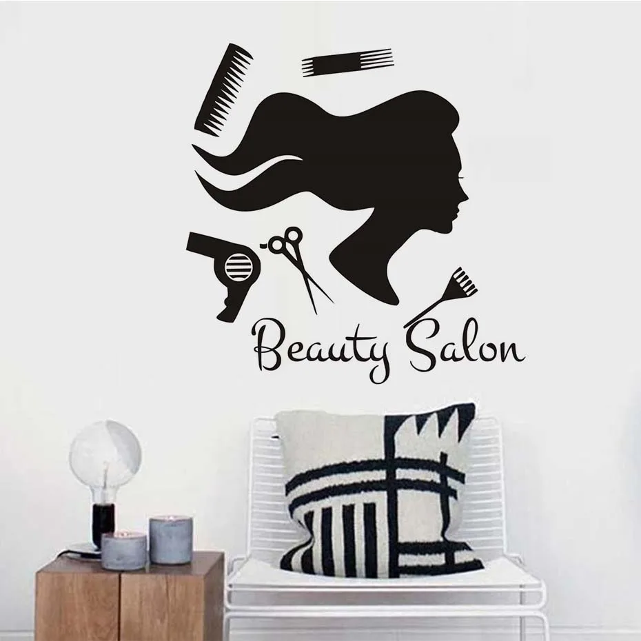 Beauty Salon Long Hair Girl Hairdressing Tools Silhouette Art Wall