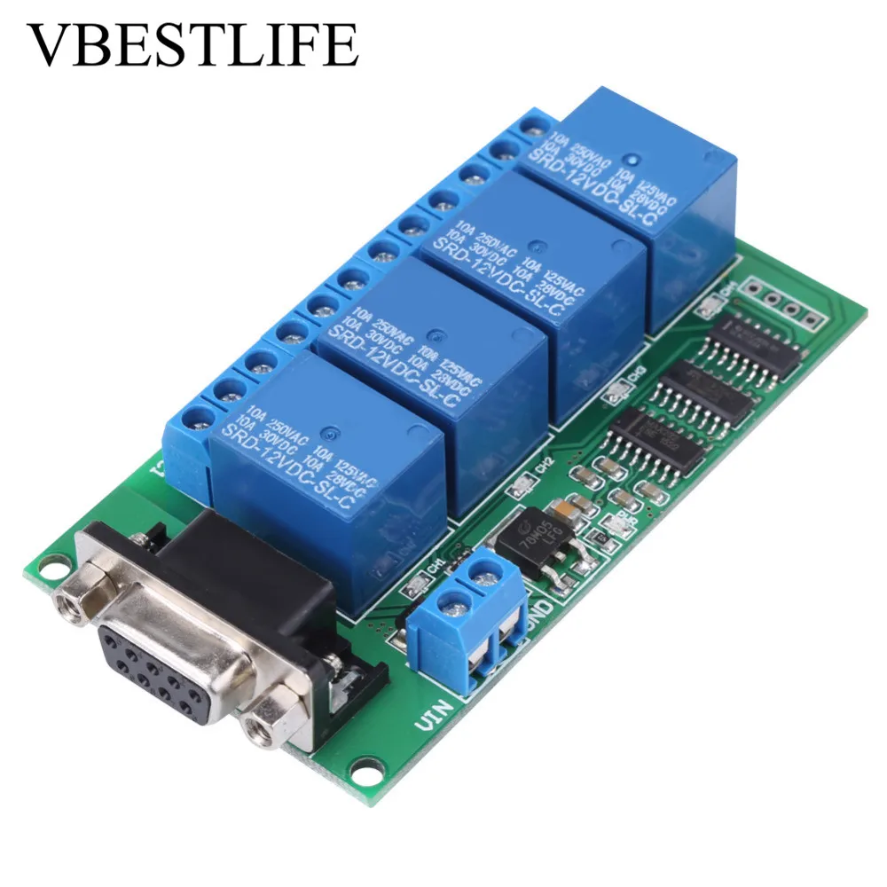 12V RS232 Relay Board 4Ch DB9 Relay Control Module UART Serial Port Switch Module for Car Motor ...