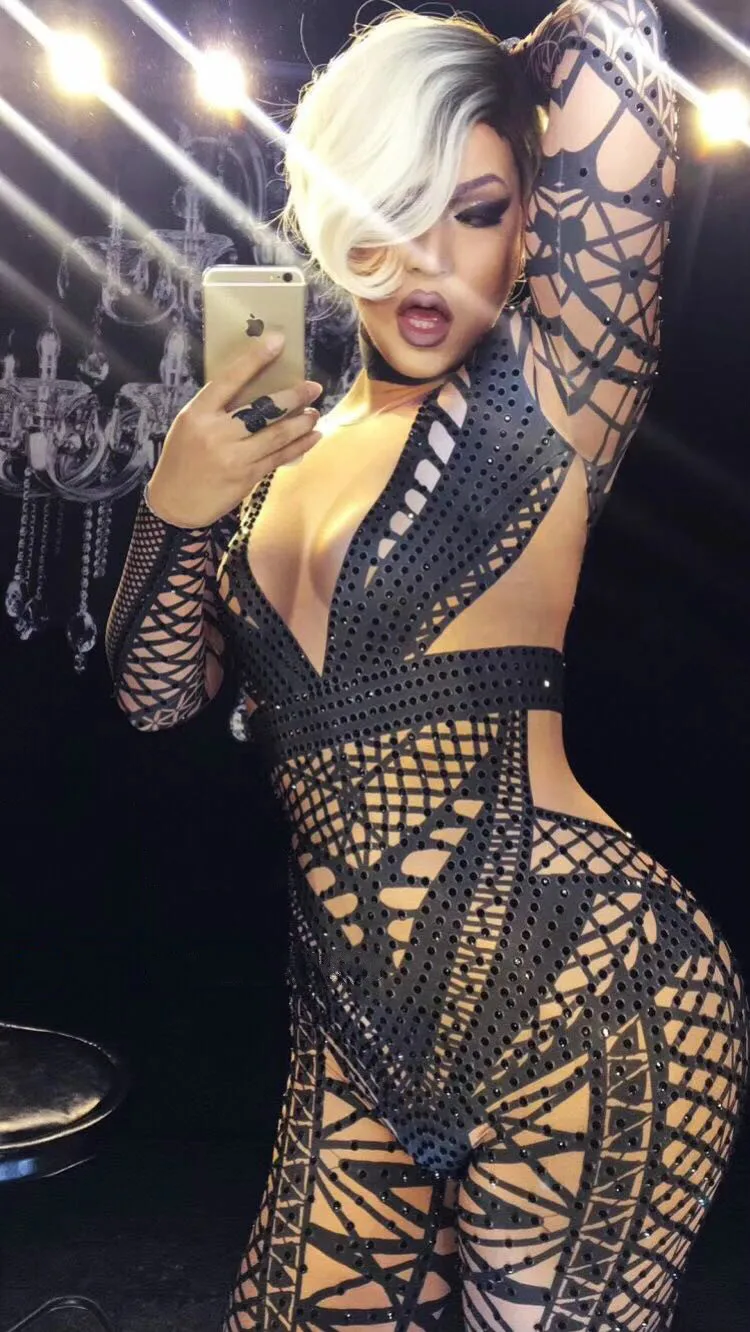 Women Sexy Big Rhinestones Bodysuit Celebrate Glisten Crystals Costume