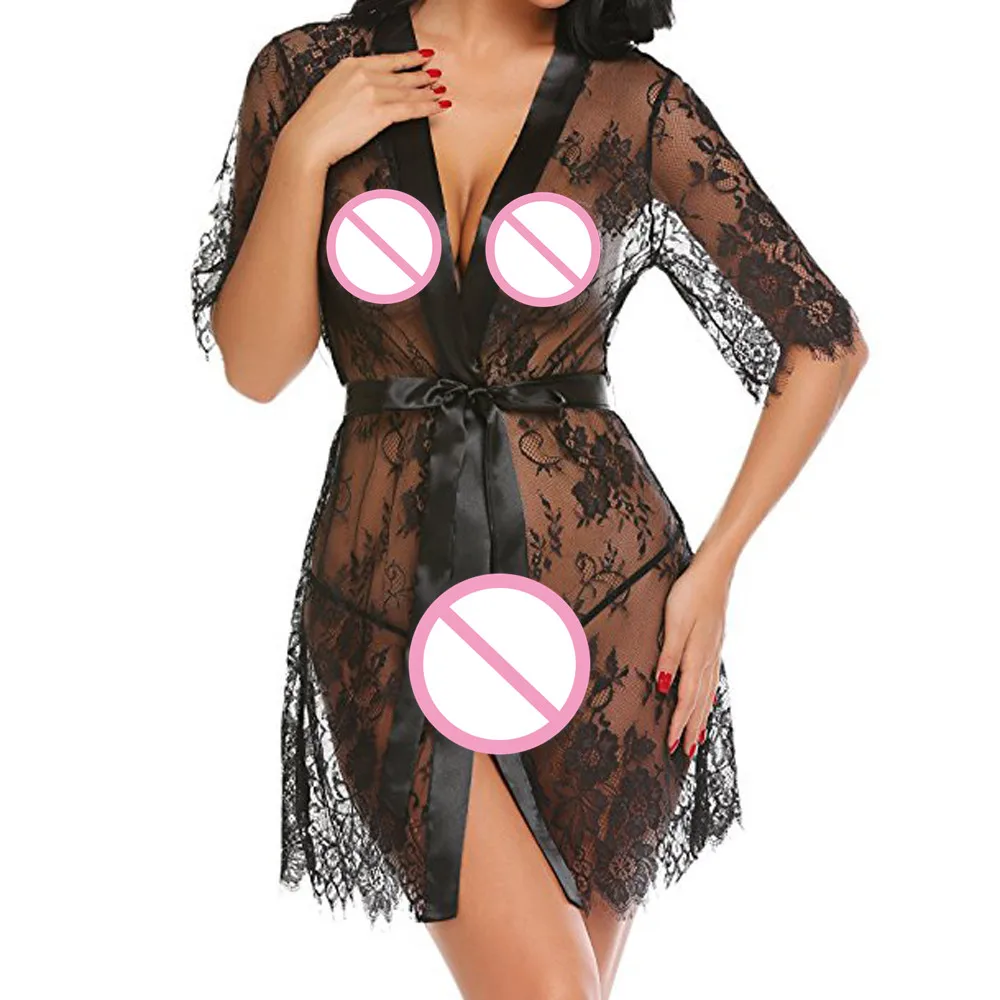 Jaycosin Women Sexy Lingerie Kimono Robe Eyelash Lace Underwear