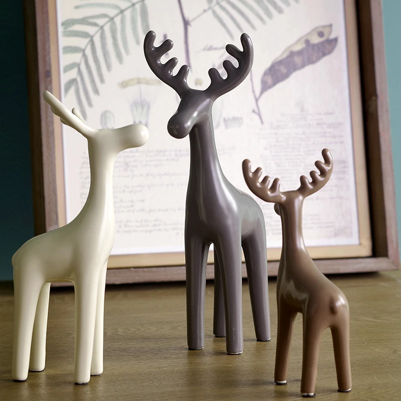 Set Of 3 Ceramic Reindeer Figurine Christmas Decoration Ornament Deer ...