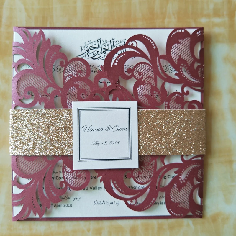 Luxurious Wedding Invitations with Glitter Belt 2018 Laser Cut Burgundy ...