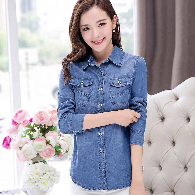 Spring 2017 Fashion Women Autumn Blue Long Sleeve Vintage Jeans Shirt ...