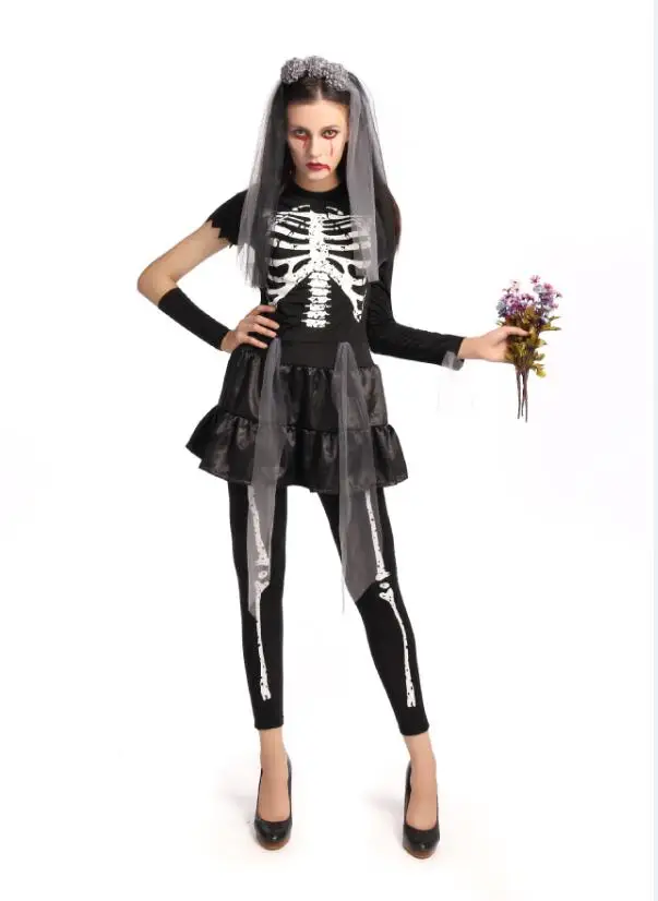 Adult Women Halloween Black Skull Ghost Bride Costumes Scary Skull ...