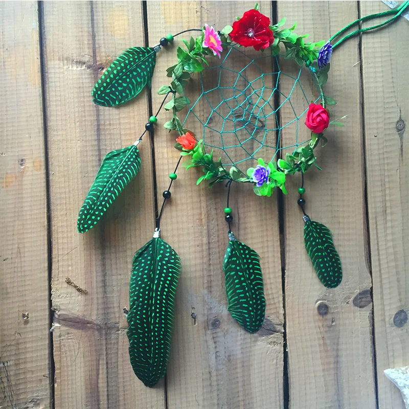 India Style Handmade green Dream Catcher Circular Net With feather ...