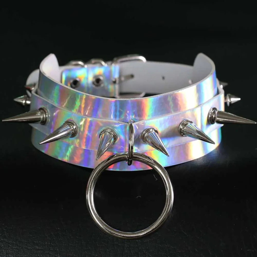 KMVEXO-Holographic-Spike-Choker-Punk-Laser-Leather-Collar-Rivet ...