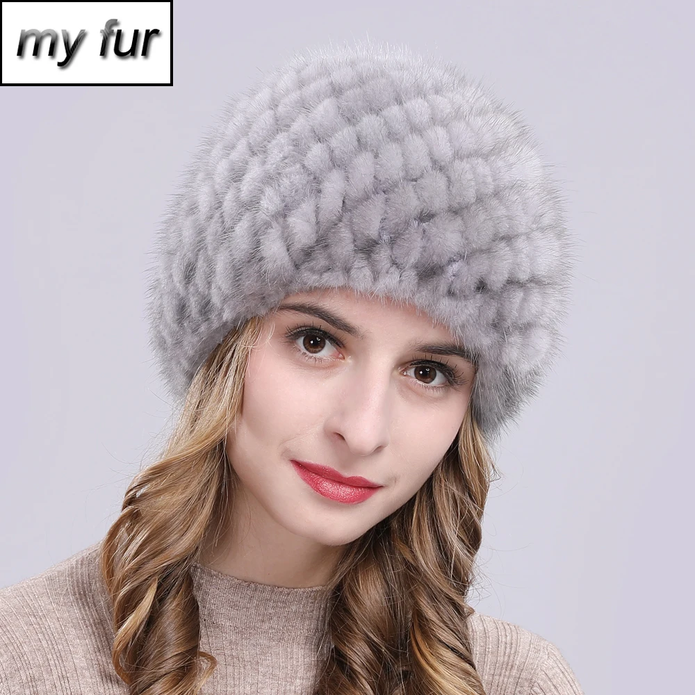 러시아 새로운 겨울 여성 천연 밍크 모피 비니 모자 니트 따뜻한 스트라이프 정품 밍크 모피 모자 좋은 탄성 진짜 밍크 모피 모자스컬리스 And 비니즈 Aliexpress