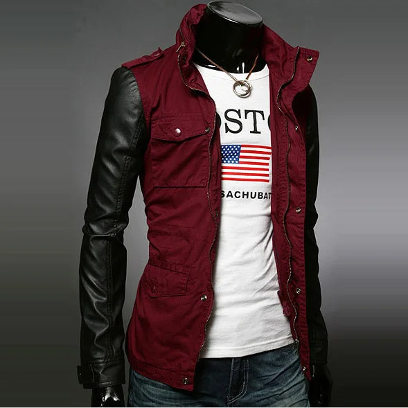 New Arrival ! 2015 Brand Mens Pu Leather Sleeves Pockets Army Varsity ...
