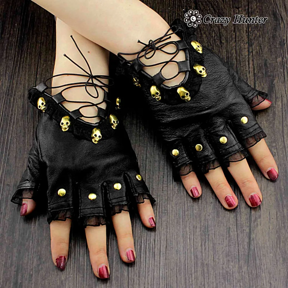 Gold Skull Studded Punk Rock Biker Womens Fingerless Real Leather ...