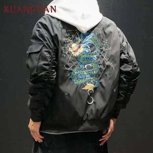Kuangnan Chinese Dragon Embroidery Jacket Men Fashions Hip Hop Streetwear Bomber Jacket Men Coat