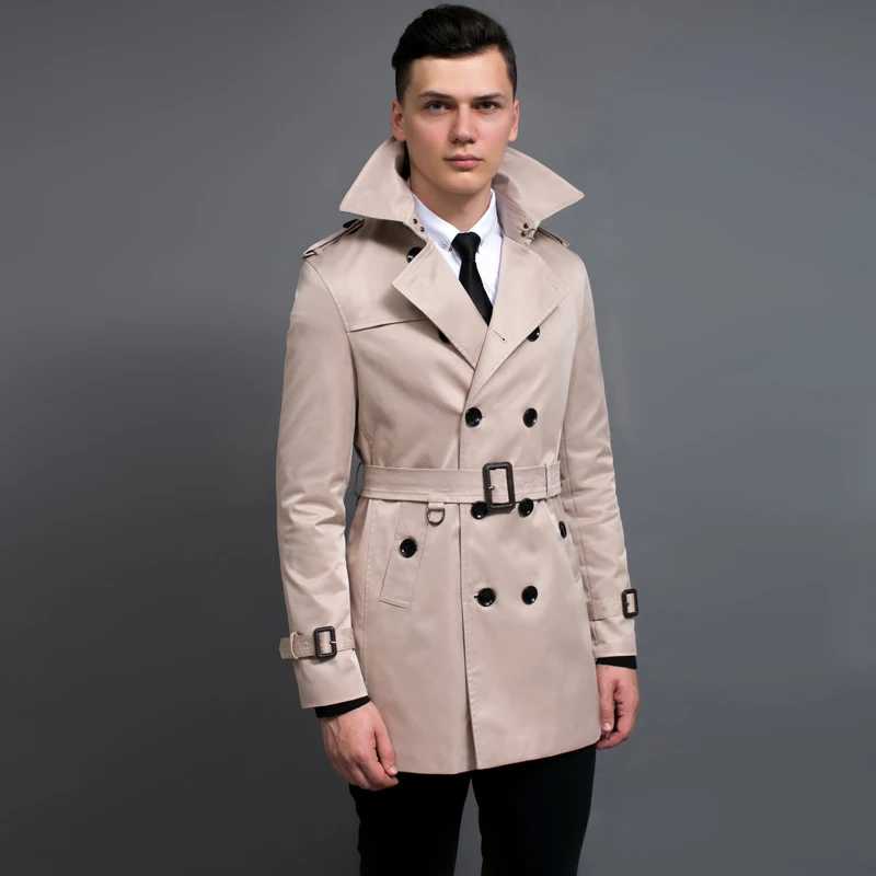 Minglu Medium Long Mens Coats Luxury Solid Color Double Breasted Mens ...