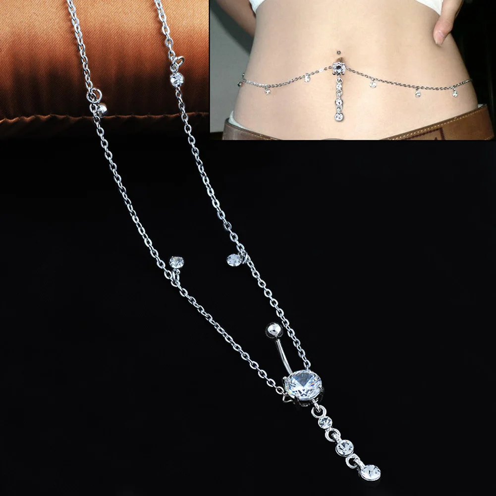 Womens Rhinestone Navel Ring Belly Button Bar Waist Chain Dangle Body