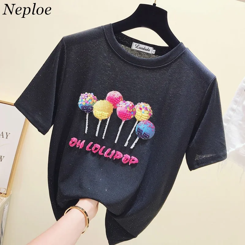 Neploe Ice Silk Short Sleeve T Shirt Women Tshirt 2019 Cartoon Letter