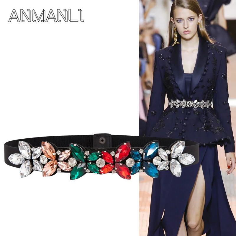 New-Women-s-yellow-crystal-Elastic-Belt-Rhinestones-Flower-Belts-Luxury ...