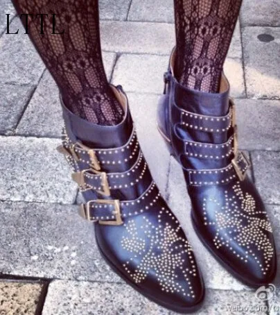 Newest Susanna Style Rivets Booties Buckle Straps Thick Heel Black ...
