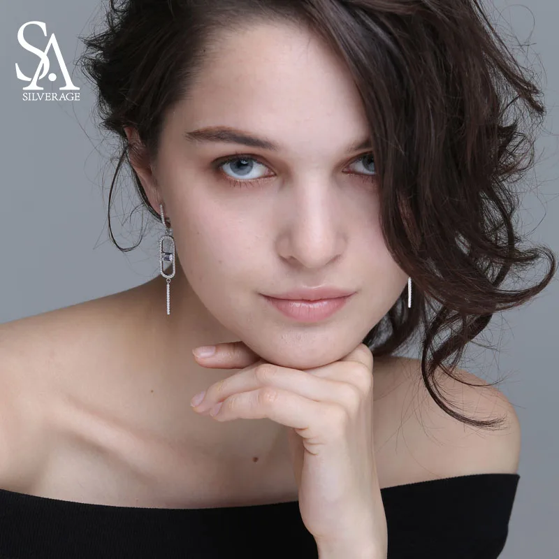 SA SILVERAGE, настоящее 925 пробы, серебряные серьги-капли для женщин, Простые Длинные серьги ...