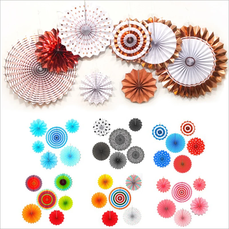 Paper rose gold fan ornaments Colorful paper fan flower party pull ...