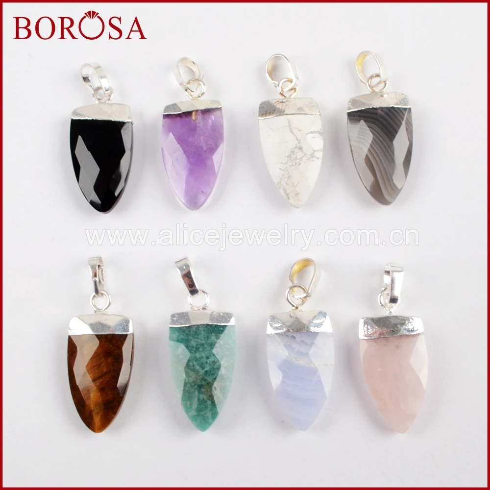 BOROSA 10PCS Shield Shape Multi kind Faceted Stones Silver Pendants ...