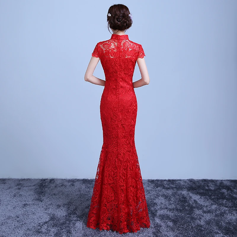 Red Lace Long Cheongsam Chinese Traditional Dress Women Modern Qipao ...