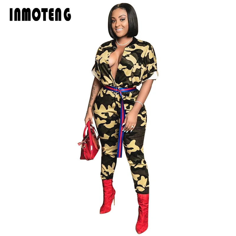 Inmoteng Short Sleeve Button Up Turn Down Neck Camouflage Print High
