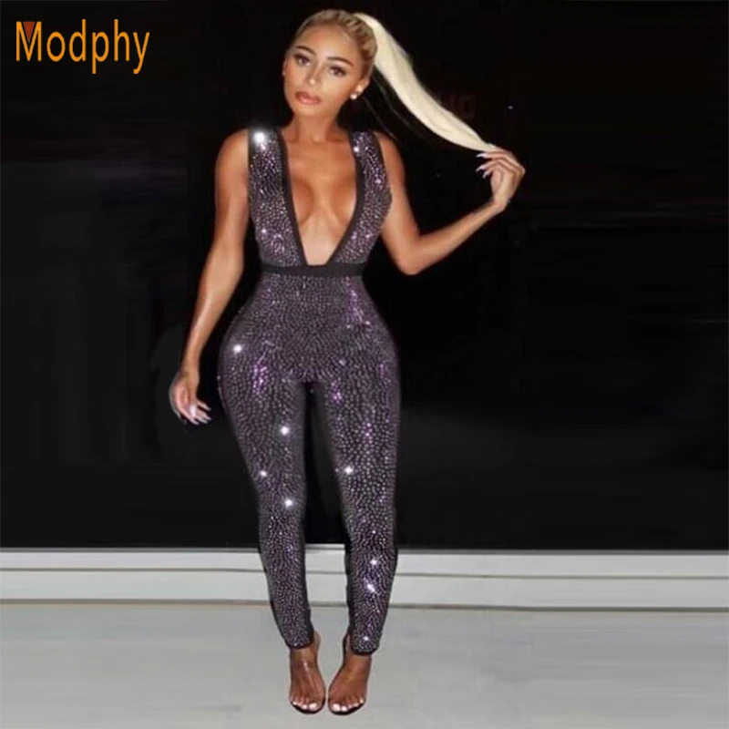 2018 New Fashion Women Sexy Busty Diamonds Bodycon Luxury V Neck