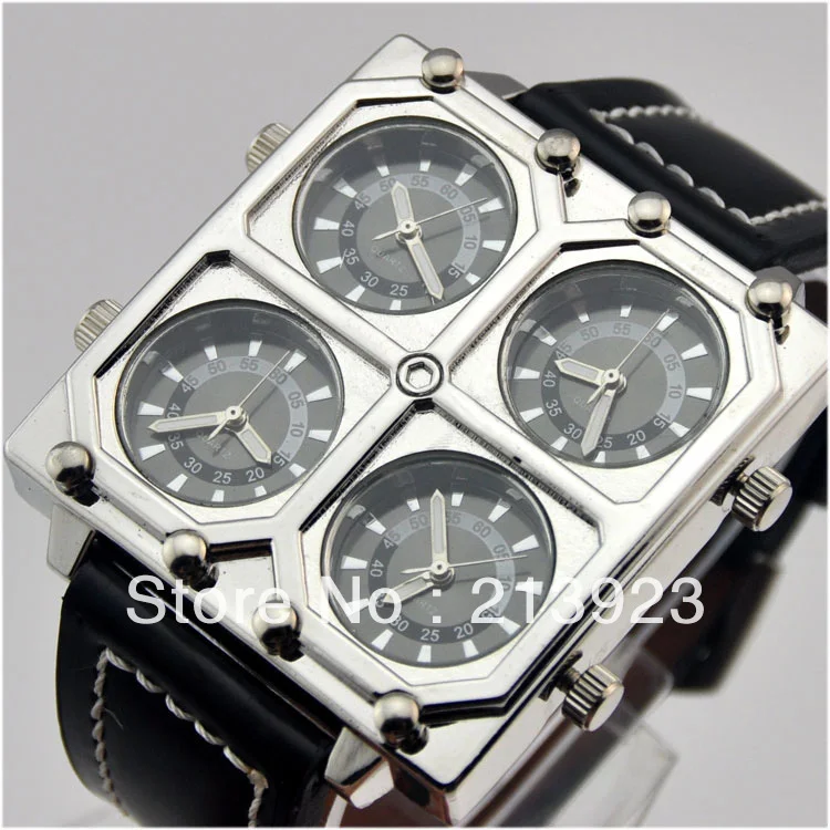 Cool Large Face Luxury Military Analog 4 Time Zones Sport Leather Band ...