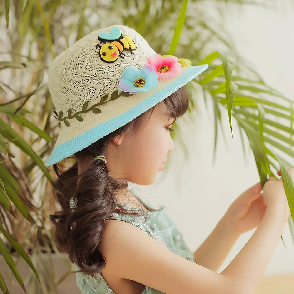 Children Summer Straw Hat Flower Bees Sun Hat For Girls Outdoor Beach ...