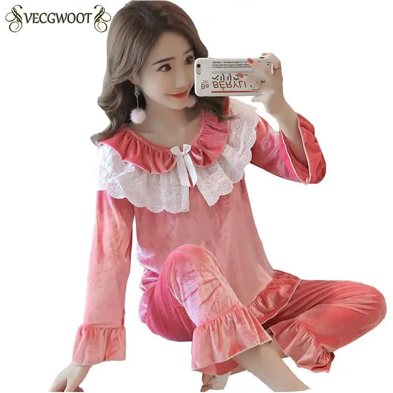 Coral Velvet Autumn Winter Pajama Sets Women Long Sleeve 2020 New Plus