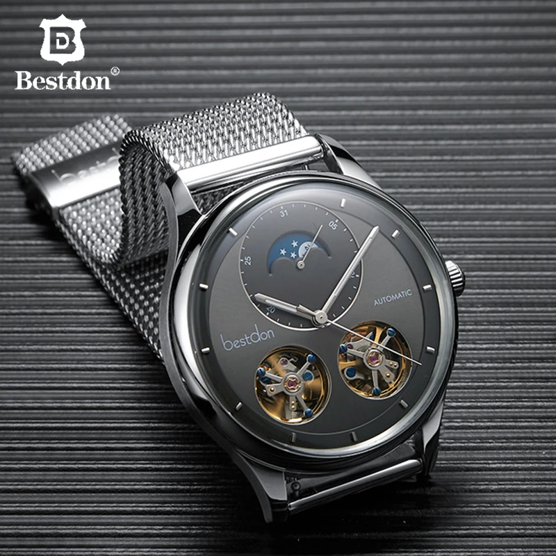 Bestdon Double Tourbillon Men's Watch Fashion Automatic Mechanical Watches Moon Phase Stainless ...