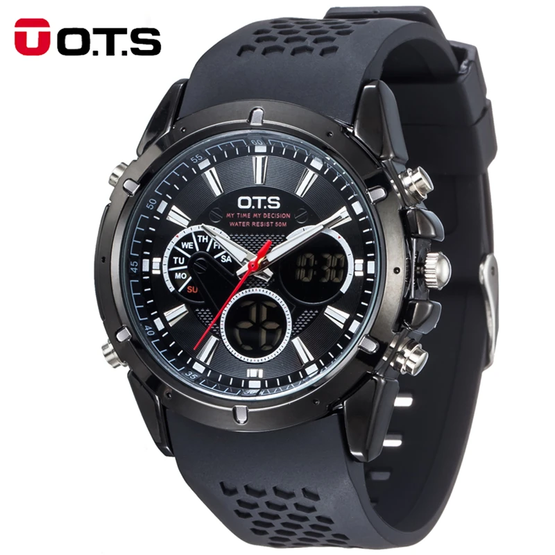 Top Brand Luxury OTS Sport Watch Auto Date Day LED Alarm Black Rubber ...