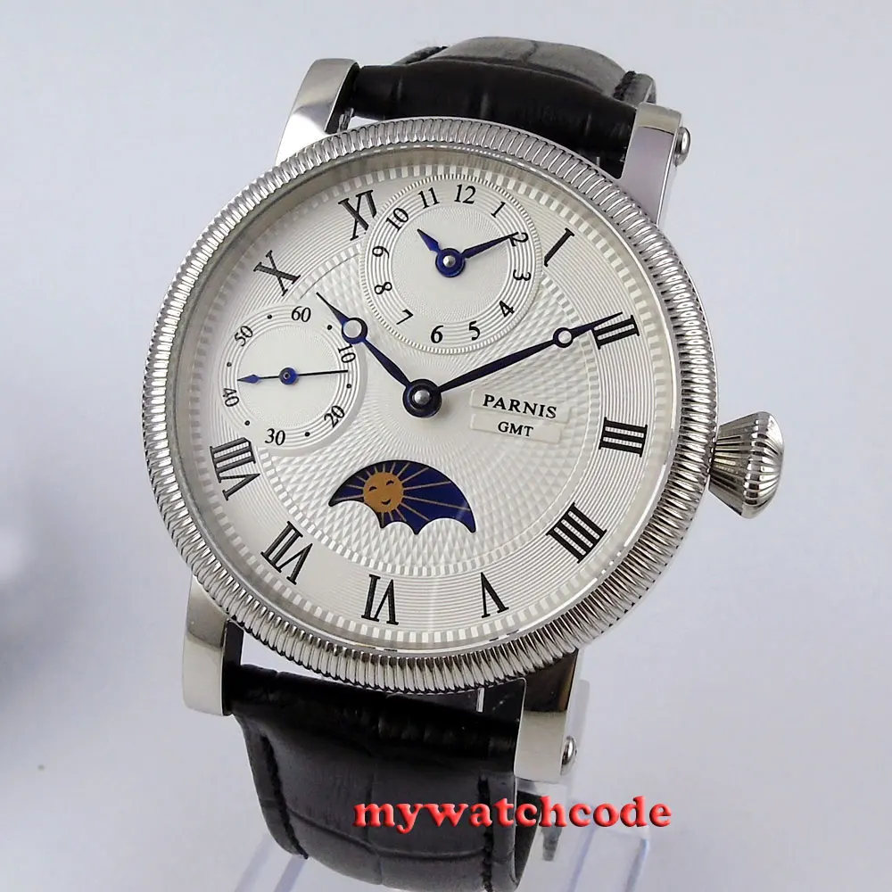 42mm Parnis White Dial Moon Phase Gmt Hand Winding Movement Mens Watch ...
