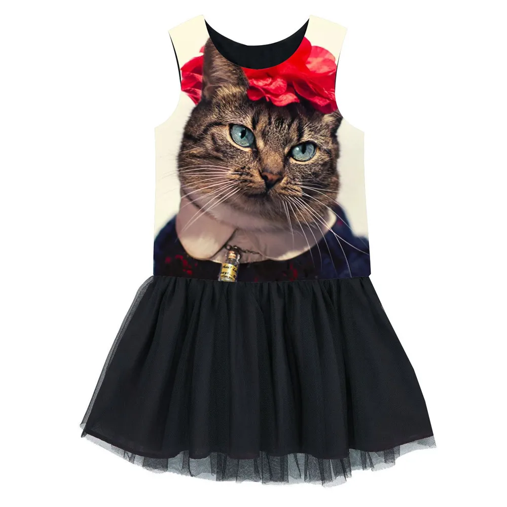 girls Children dress fashion A cat with red flowers printing New summer ...