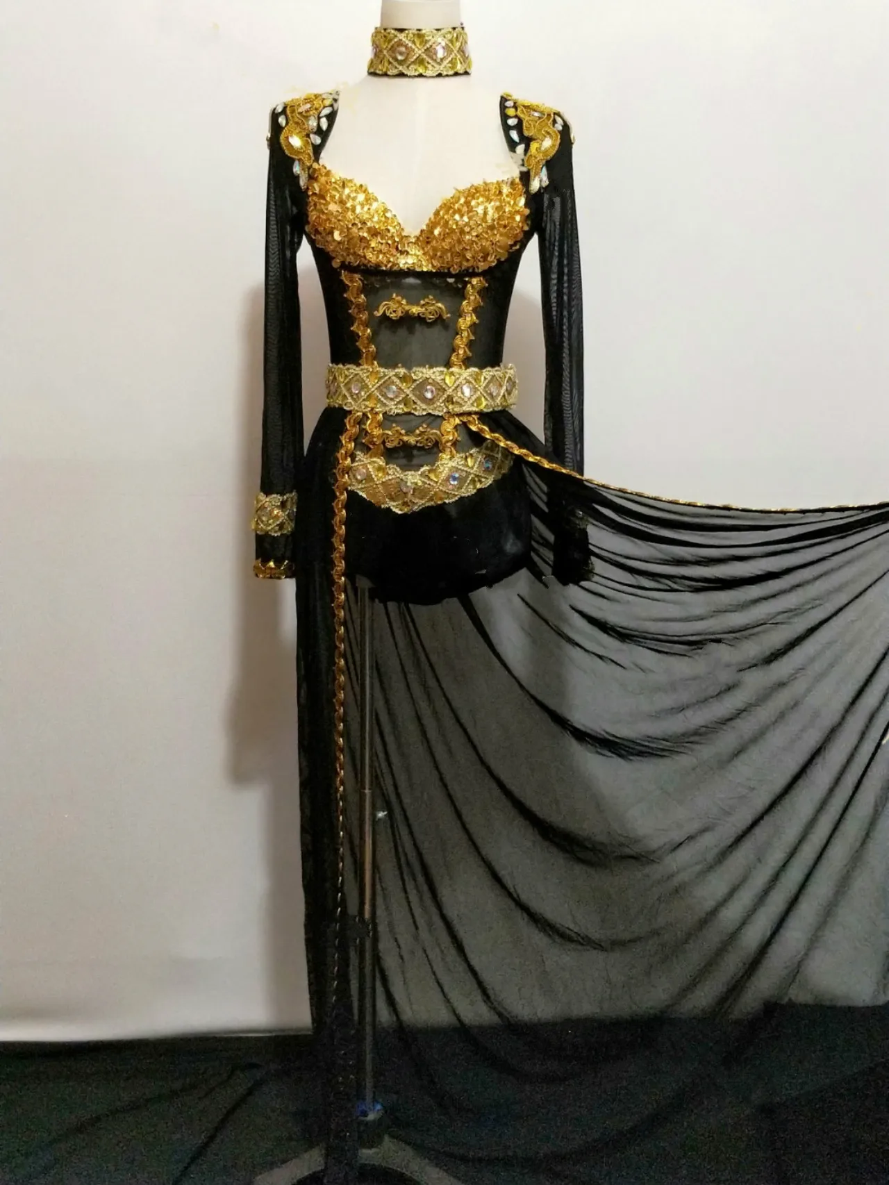 Women Glisten Rhinestones Black Costume Bodysuit Shining Crystals