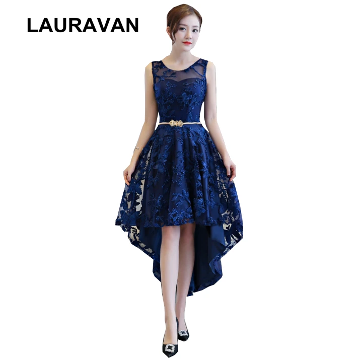 Women Formal Blue High Low Short Front Long Back Black Prom Dress